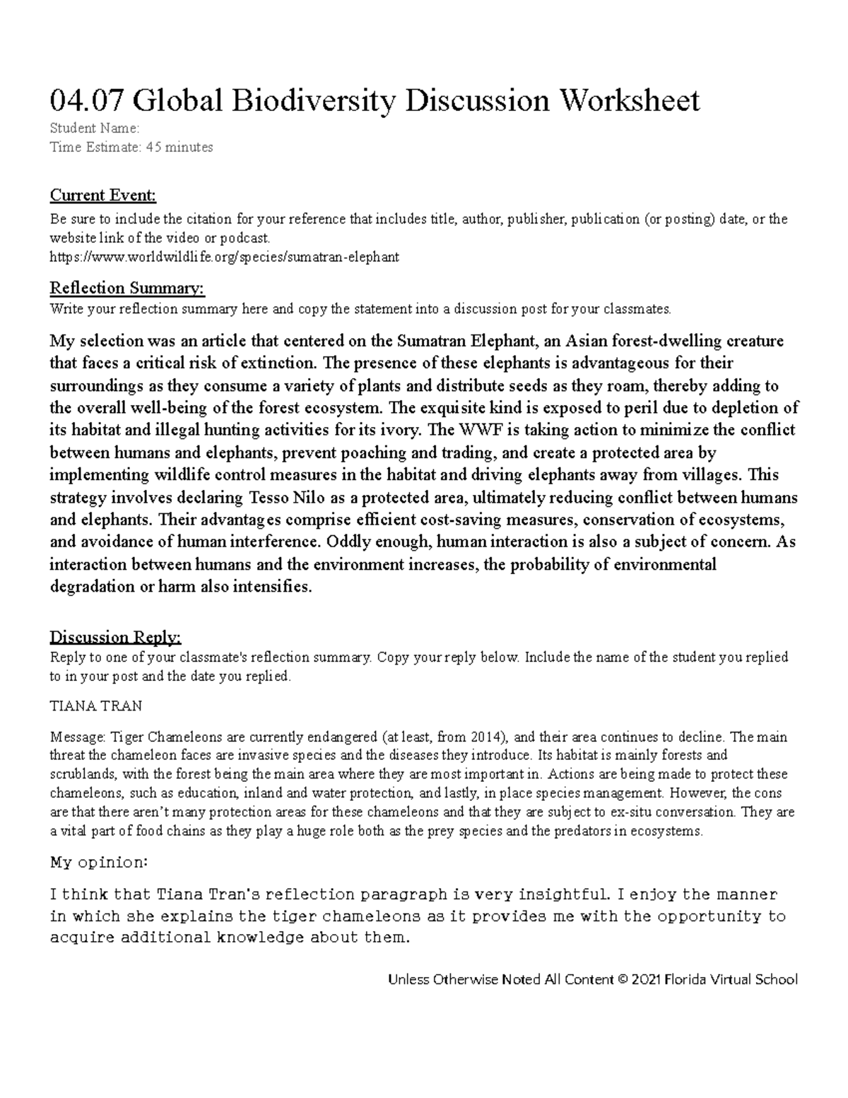 04.07 Global Biodiversity Discussion Worksheet Overview and Reflection ...