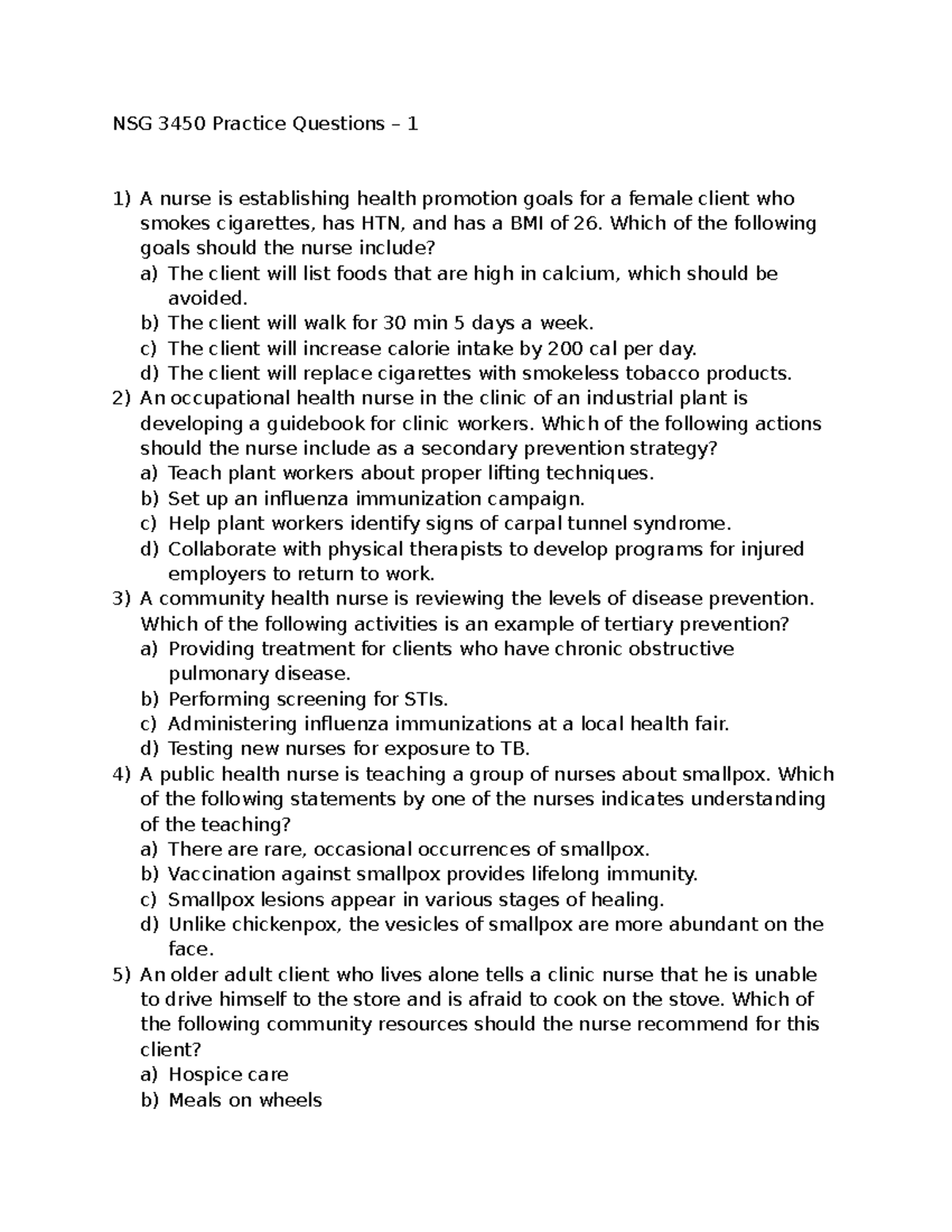 NSG 3450 Community Health Nursing Practice Questions - Set 1 - Studocu