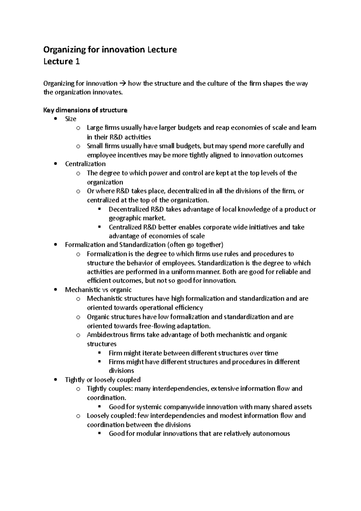 Organizing for innovation Lecture notes - Organizing for innovation ...