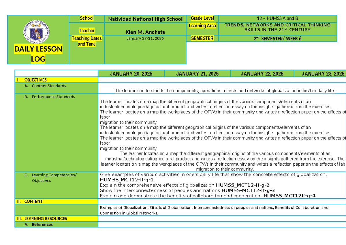 Daily Lesson Log - DAILY LESSON LOG School Natividad National High ...