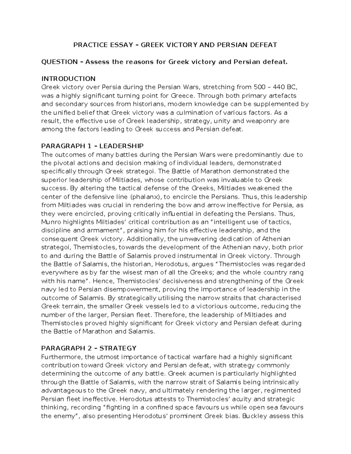 PRACTICE ESSAY: GREEK VICTORY & PERSIAN DEFEAT ANALYSIS - Studocu