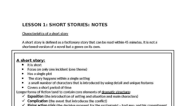 ENG 101: Lesson 1 - Short Stories Teaching Notes & Characteristics ...