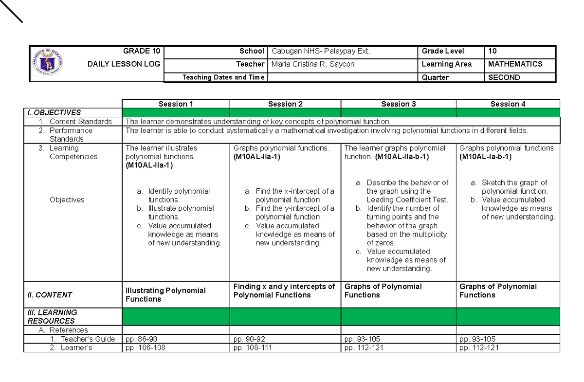 G10 Mathematics Daily Lesson Log for 2nd Quarter on Polynomial Functions - Studocu
