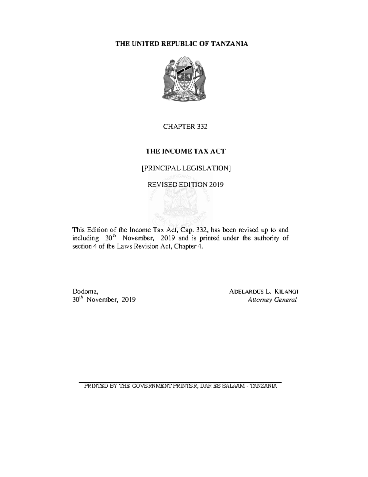 The Income Tax Act 332 R.E: Revised Edition 2019 Overview - Studocu