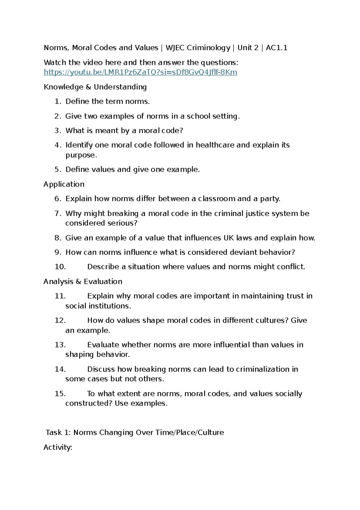 Norms, Moral Codes, and Values in WJEC Criminology Unit 2 - Studocu