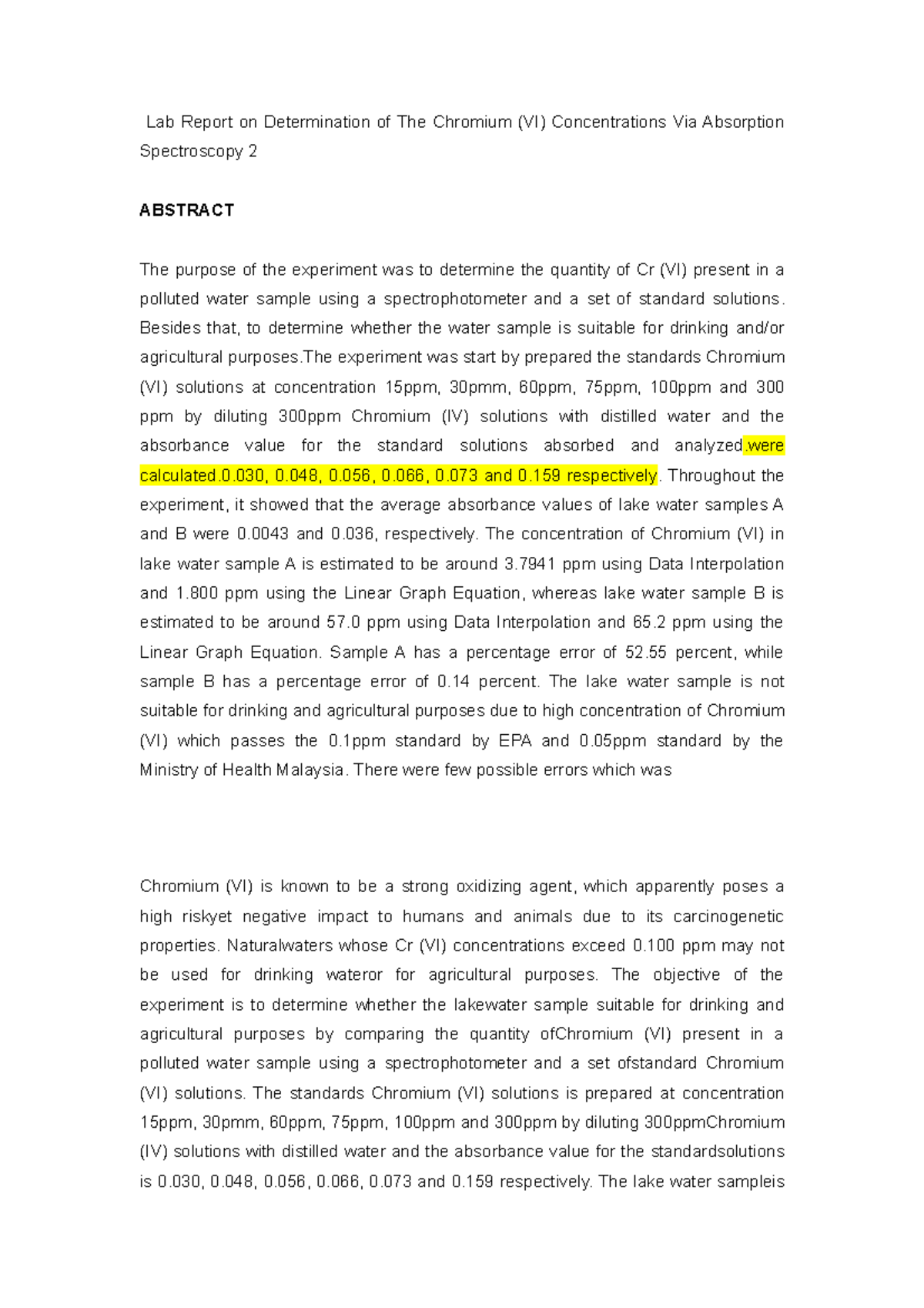 Lab 5 Determination of Chromium (VI) Concentration via Absorption ...