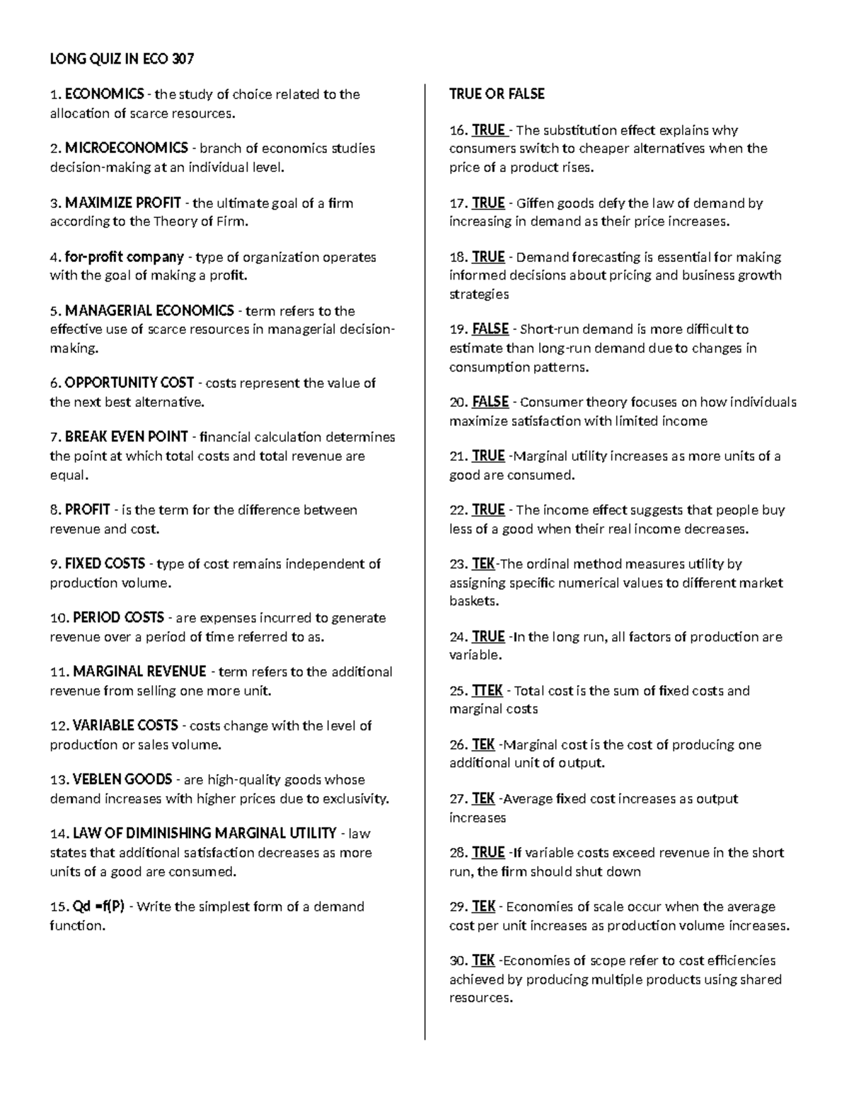 ECO 307 Long Quiz Study Materials on Economics Concepts - Studocu