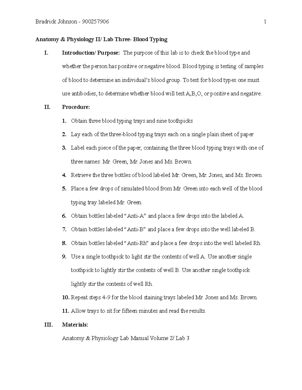 Blood typing lab - Lab reports - Bradrick Johnson - 900257906 1 Anatomy ...