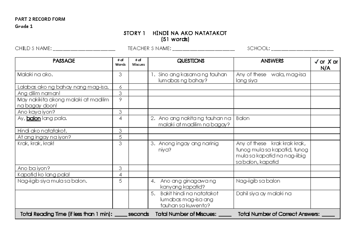 CRLA G1 Tagalog Learner Record Form: Story Analysis and Questions - Studocu