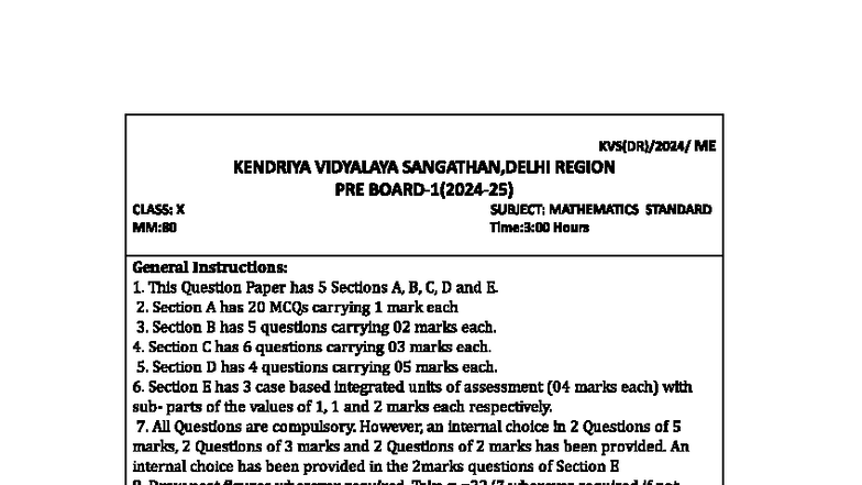 KVS Delhi Region Class X Mathematics Standard QP Set 3 - Studocu