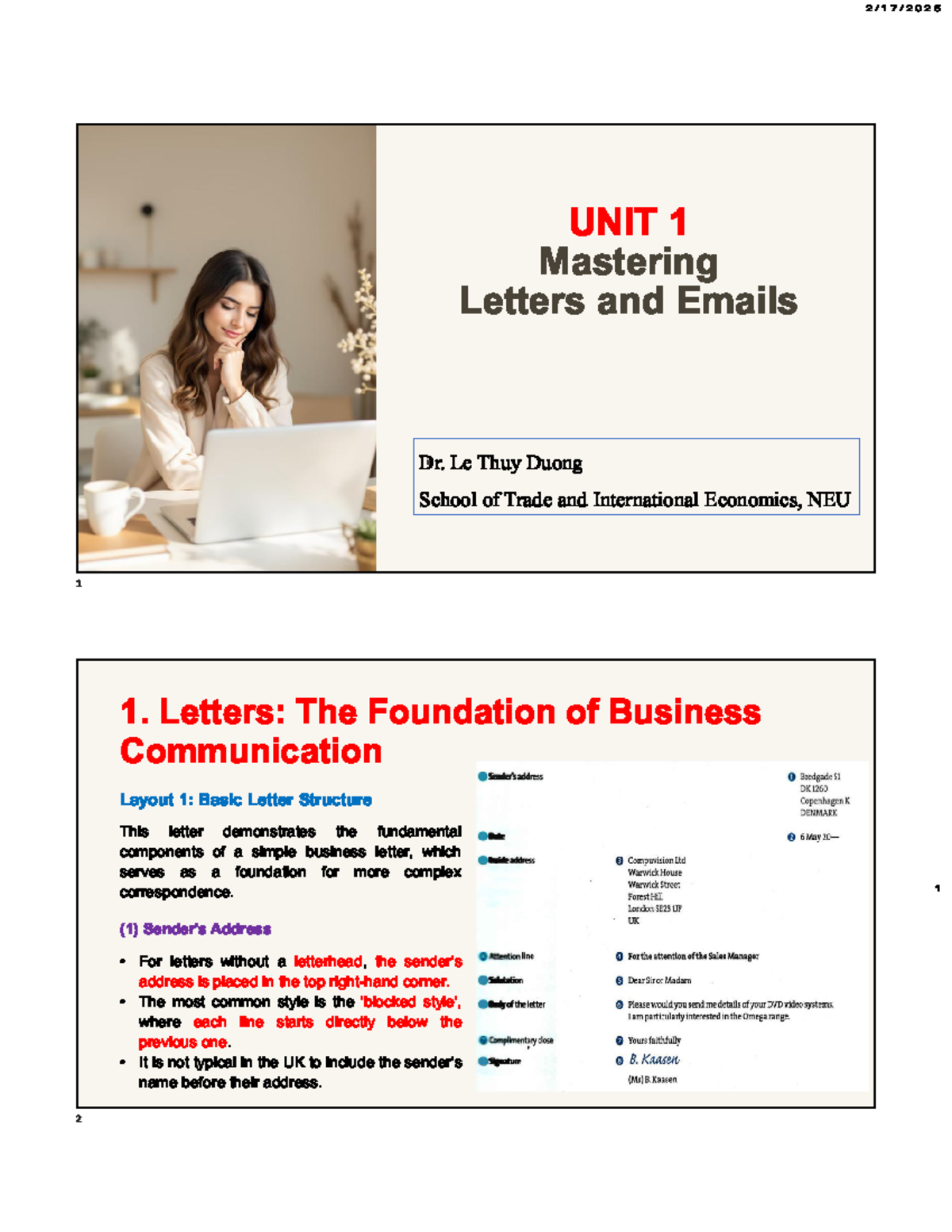 LMS 012310405 - Unit 1: Mastering Letters and Emails Notes - Studocu