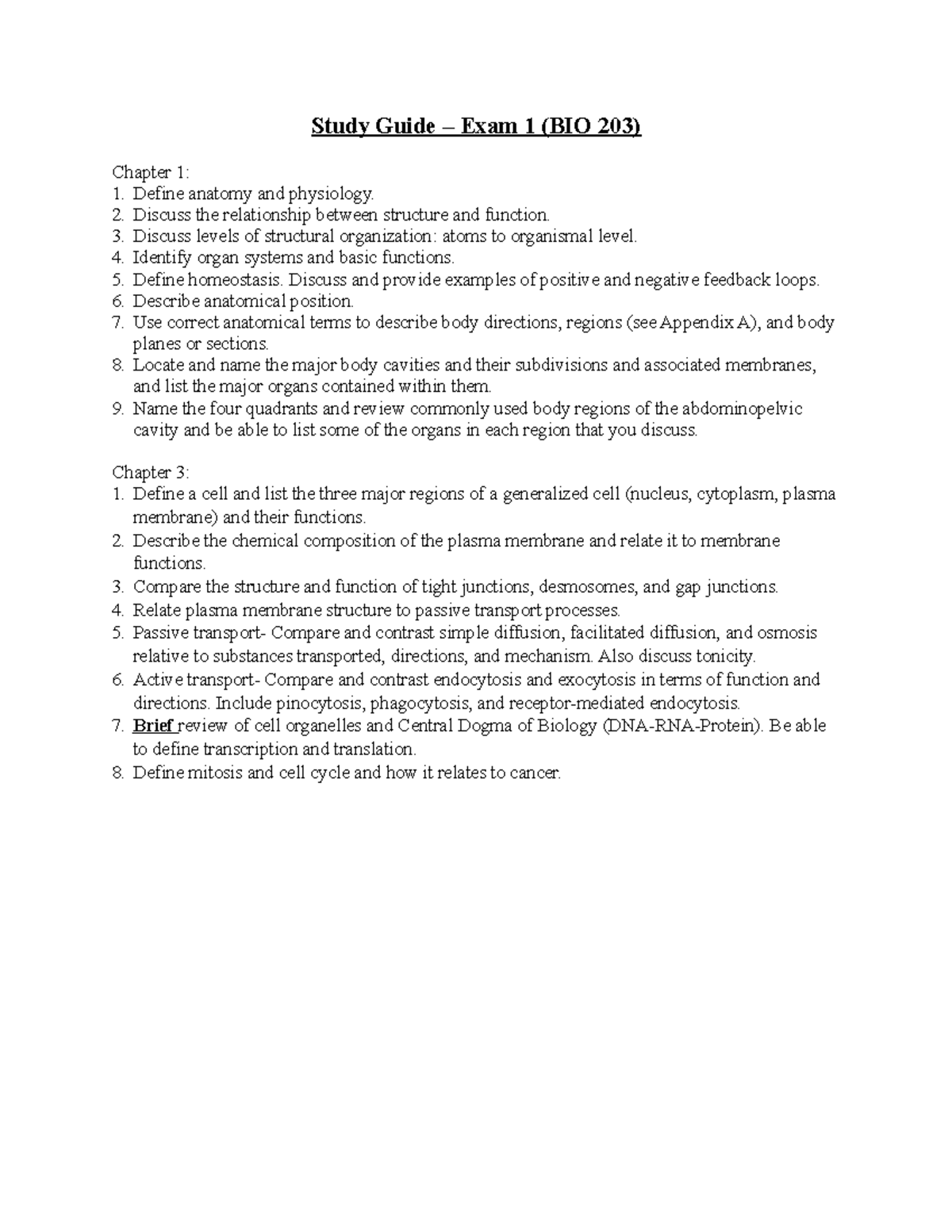 Study Guide for Exam 1 (BIO 203): Anatomy and Cell Structure Topics ...
