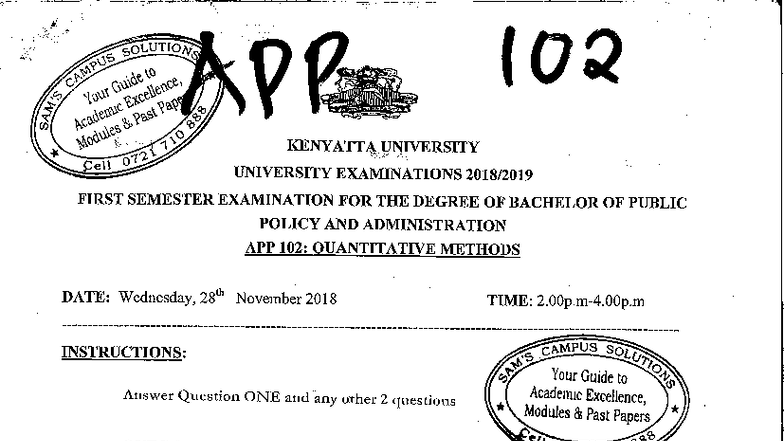 APP 102: Quantitative Methods Final Exam Past Paper - Kenyatta ...