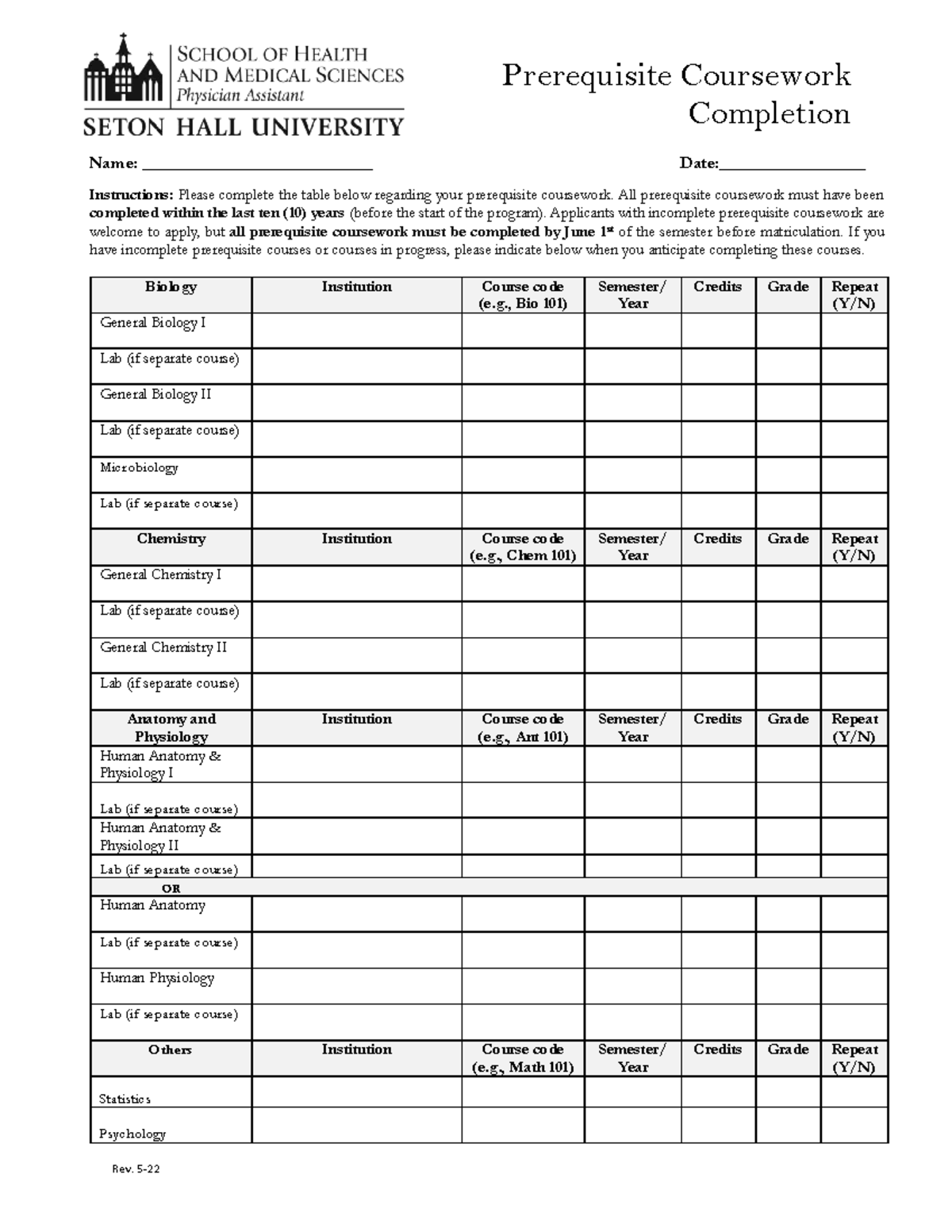 PA Prerequisite Coursework Requirements and Completion Form - Studocu