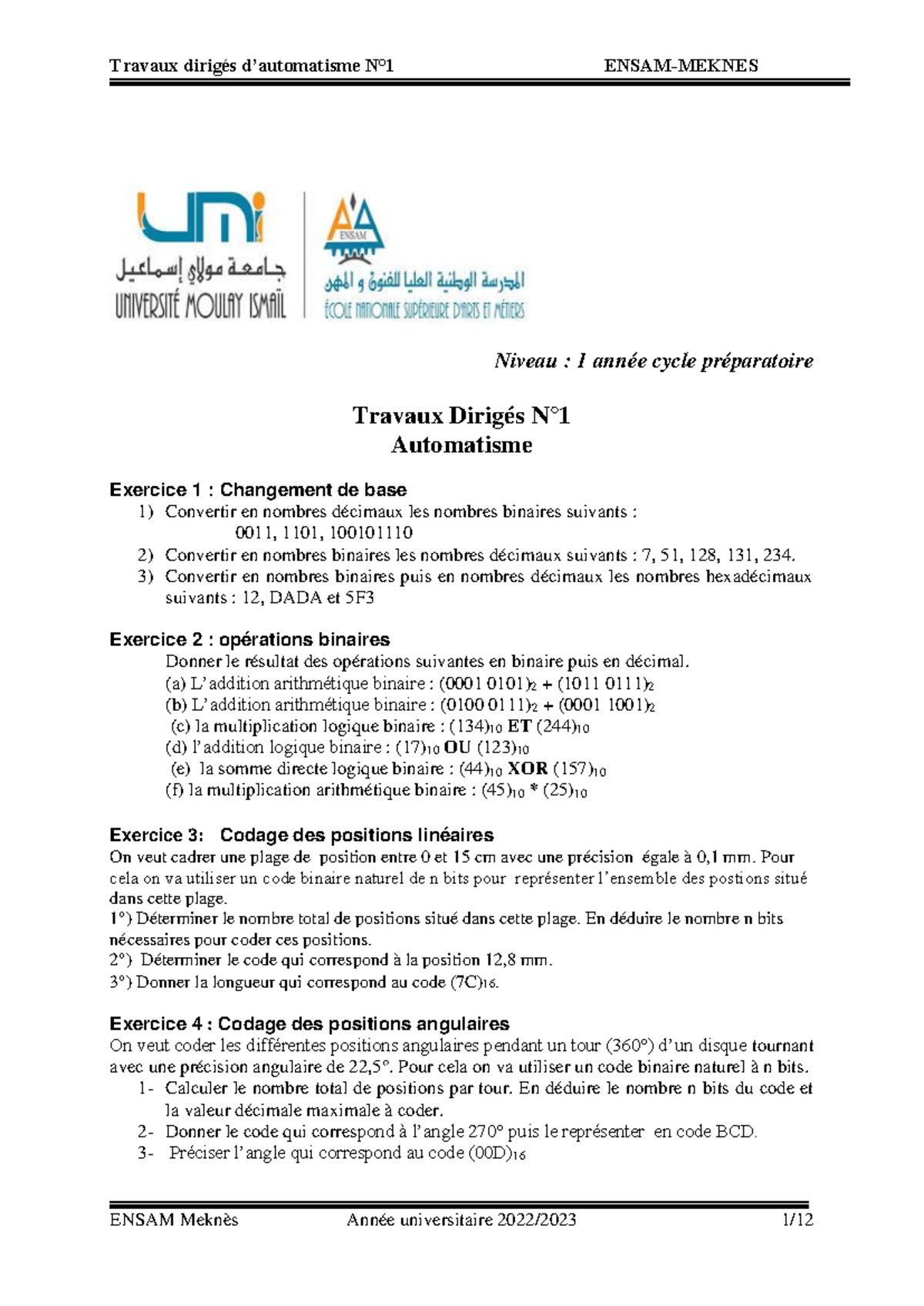 TD1 - Automatisme : Travaux Dirigés Niveau 1 - Exercice et Problèmes ...