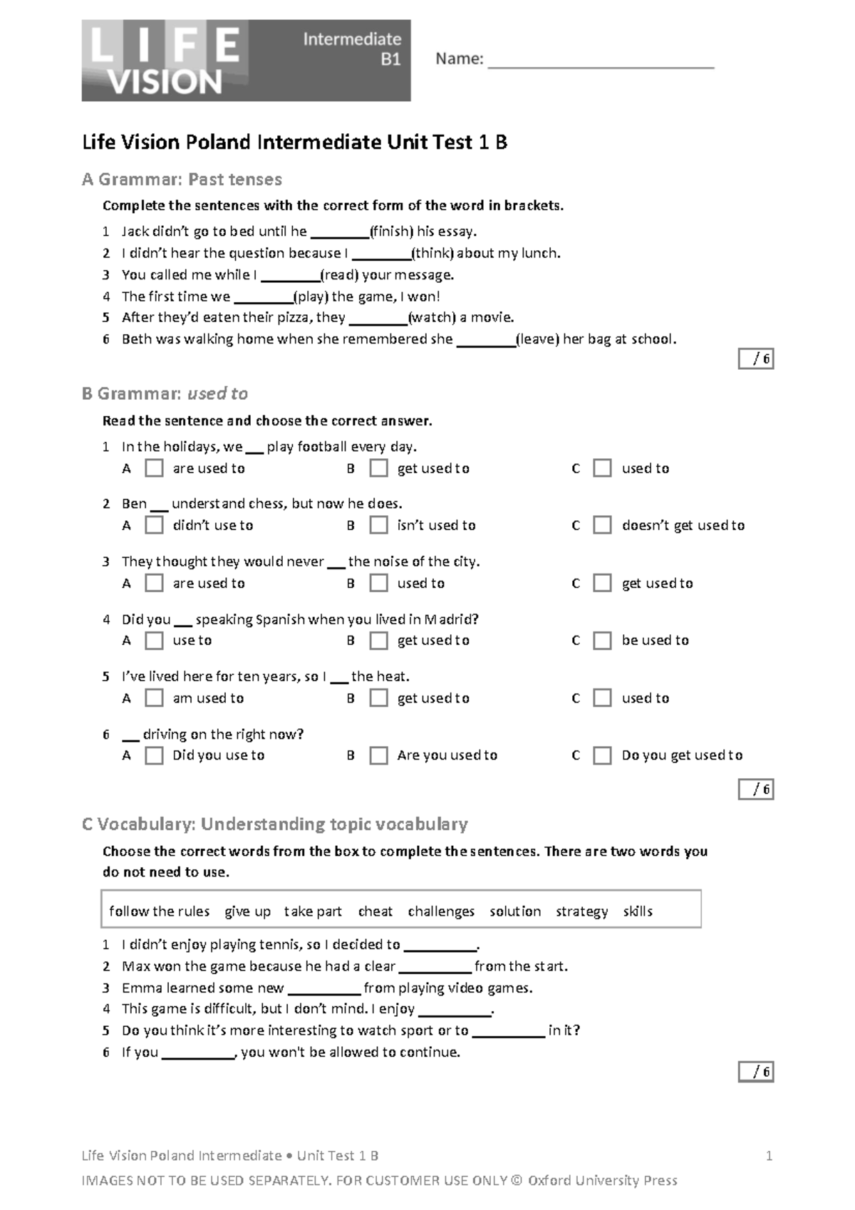 Life Vision Poland Intermediate Unit Test 1B: Grammar & Vocabulary ...