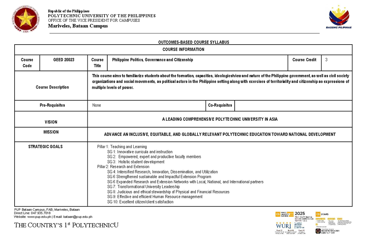 GEED 20023 Course Syllabus: Philippine Politics, Governance ...