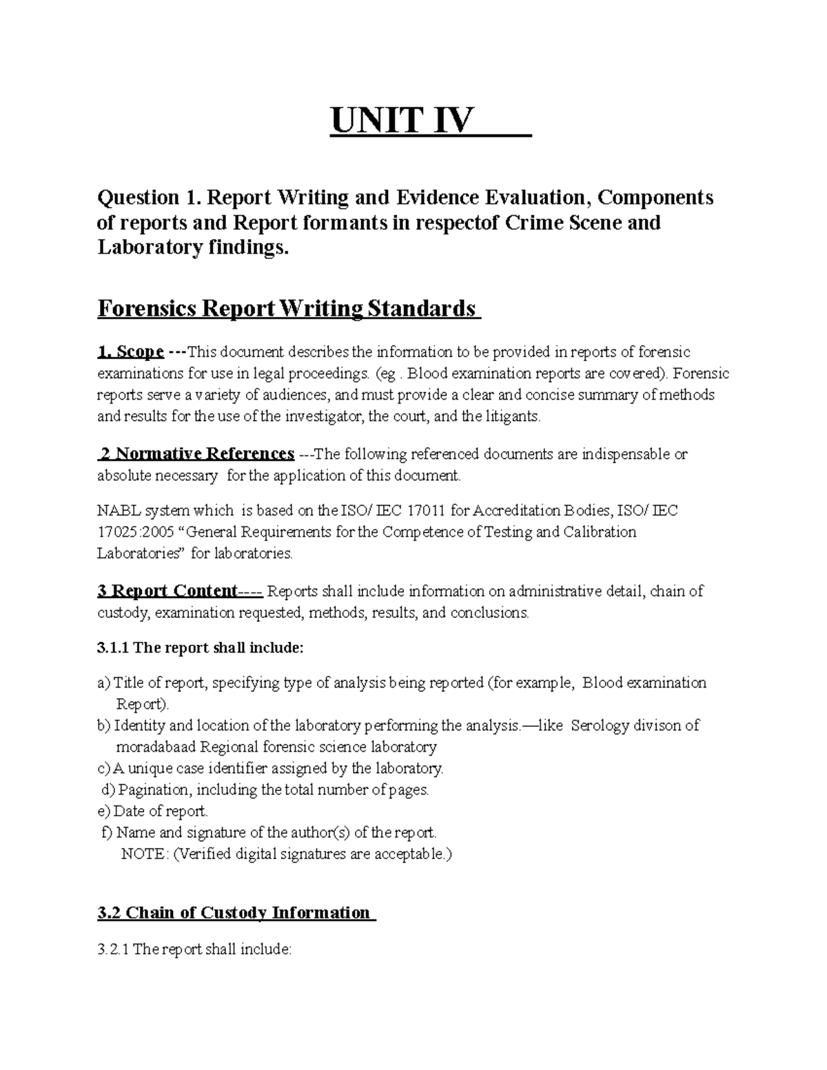 Reort writing in forensic science - UNIT IV Question 1. Report Writing ...