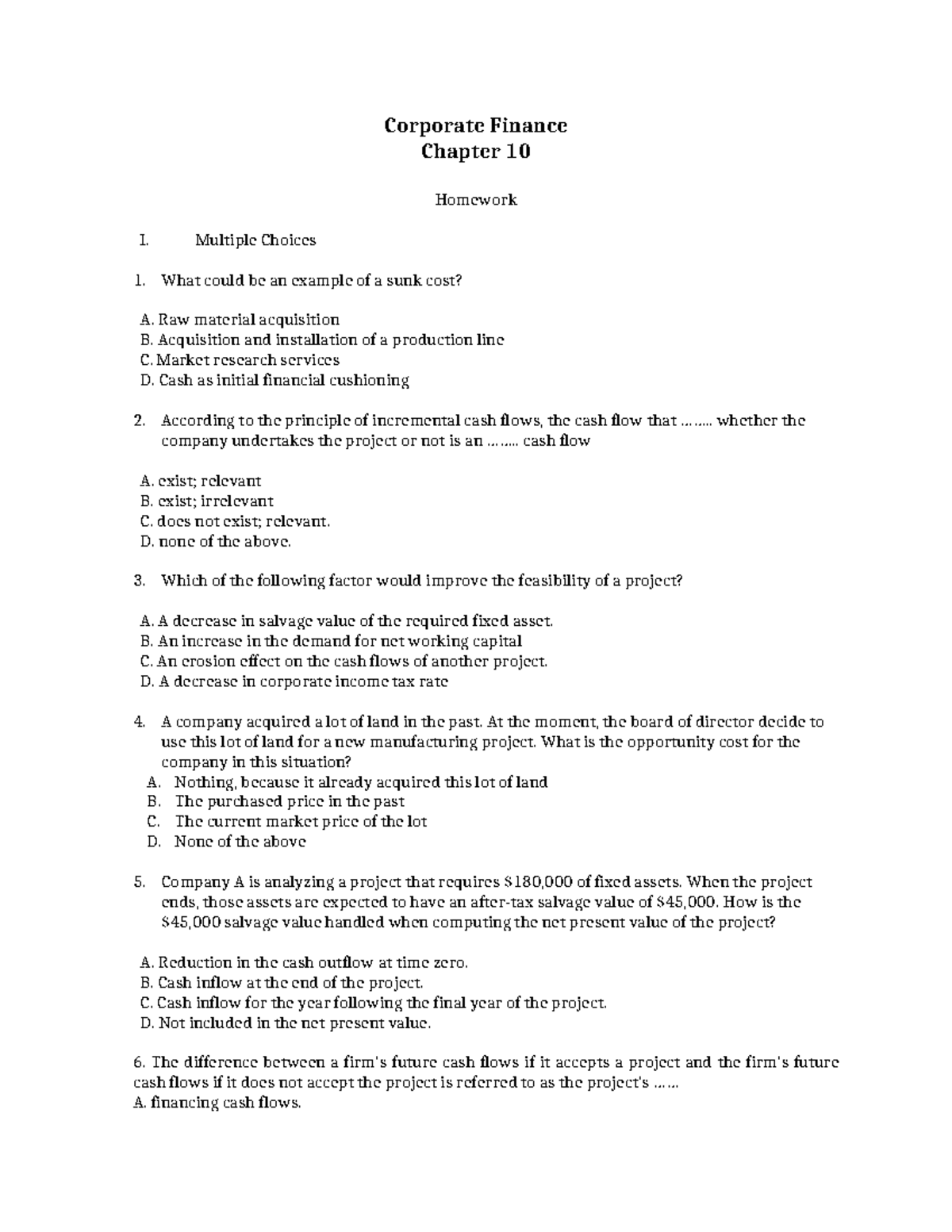 Corporate Finance (FIN 301) Chapter 10 Homework: Capital Investment ...