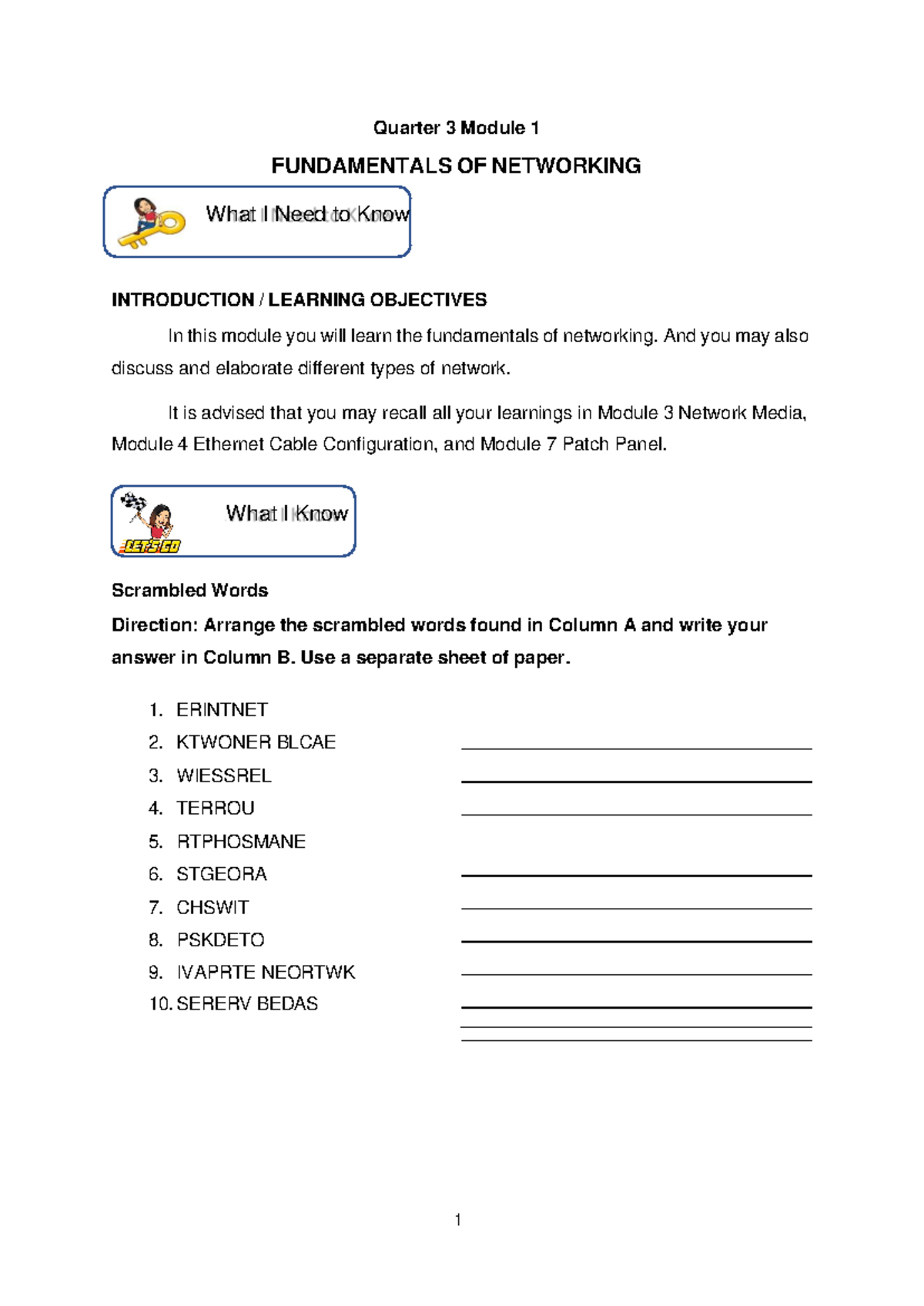 Q3-M1-Fundamentals of Networking: Key Concepts & Exercises - Studocu