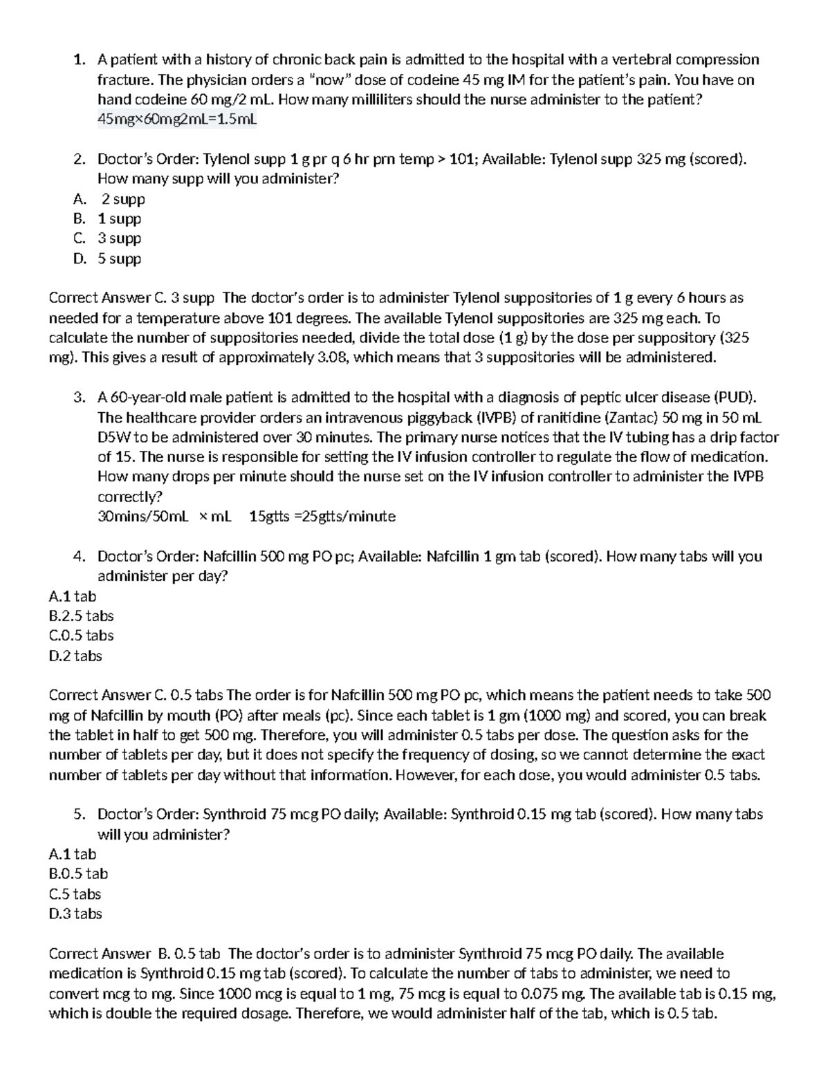 Med Math Quiz Practice - Patient Medication Dosing Calculations - Studocu