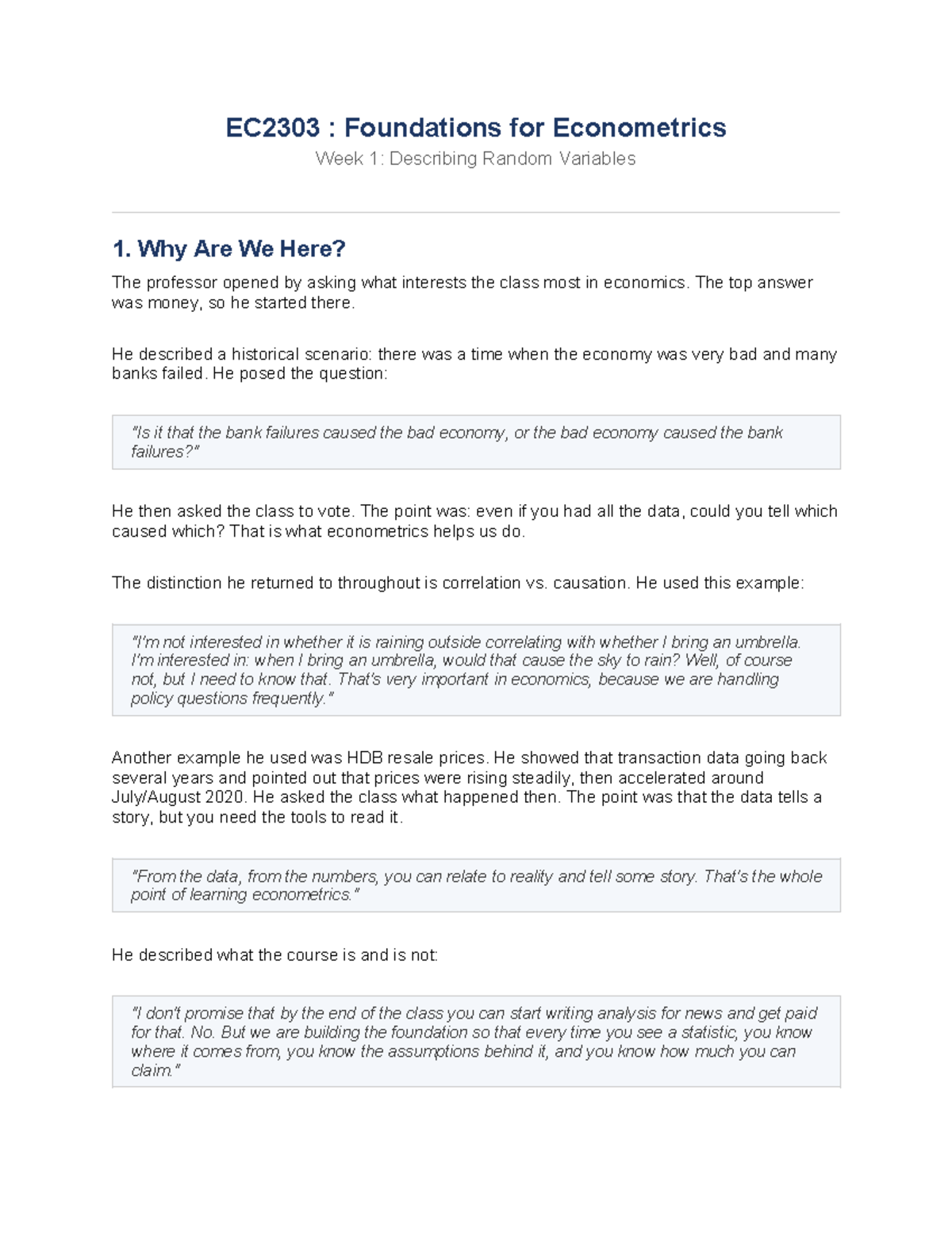 EC2303: Foundations for Econometrics Week 1 Lecture Notes - Studocu