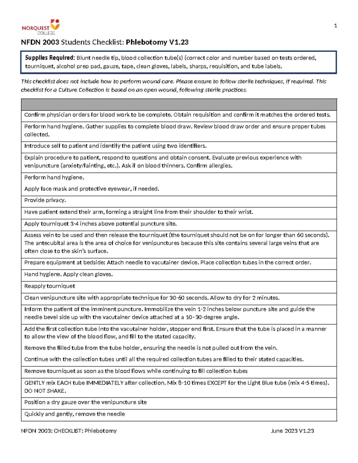 NFDN 2003: Phlebotomy Student Checklist V1.23 - Supplies & Procedures ...