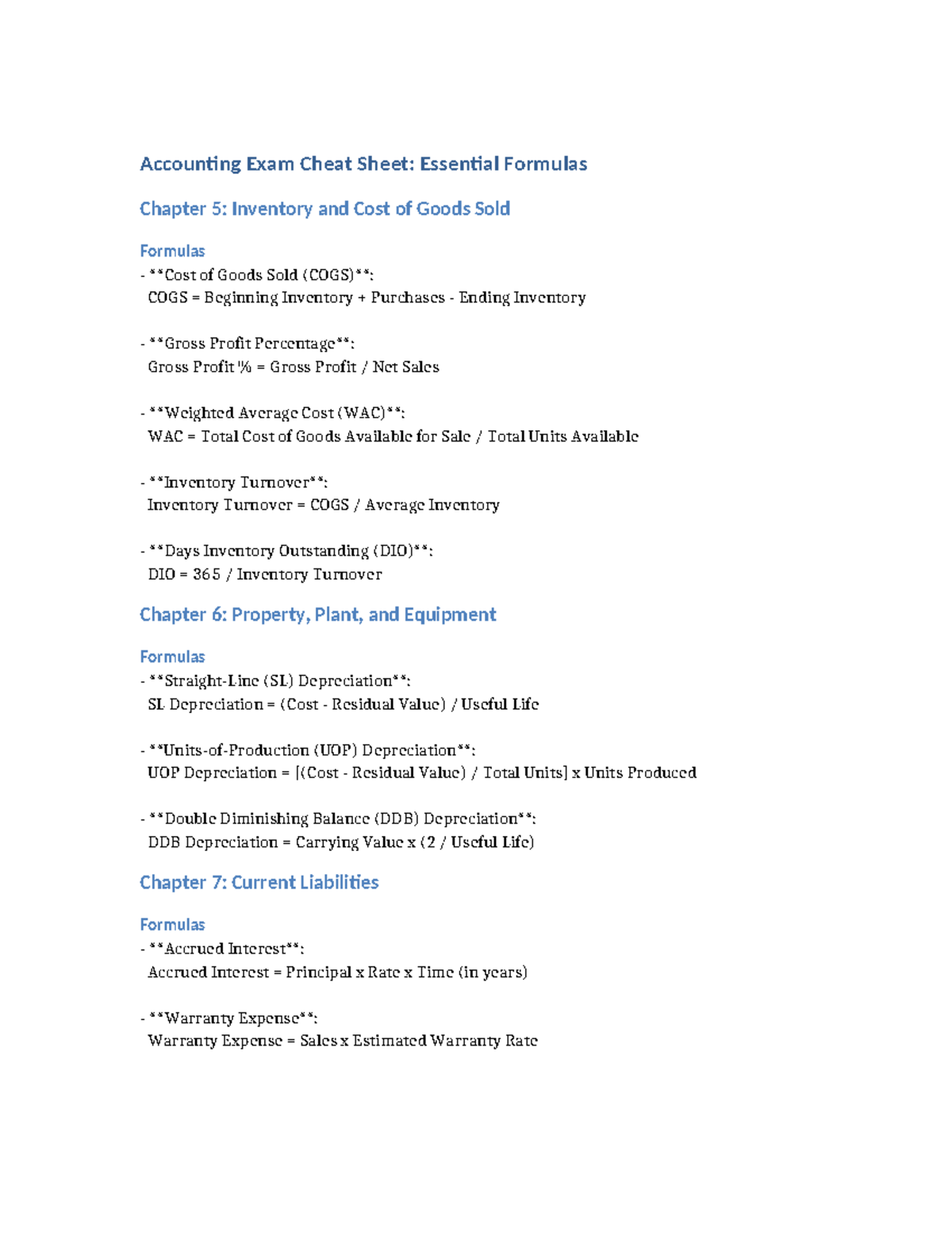 Accounting Exam Formulas Cheat Sheet - Accounting Exam Cheat Sheet ...