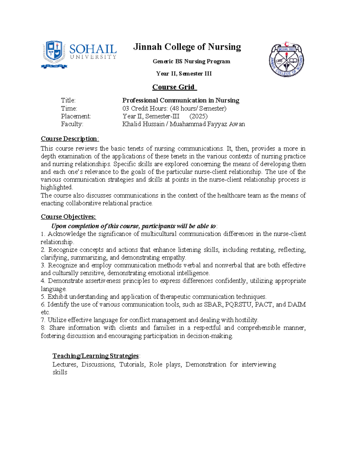 JCN SU Professional Communication Course outline - Jinnah College of ...