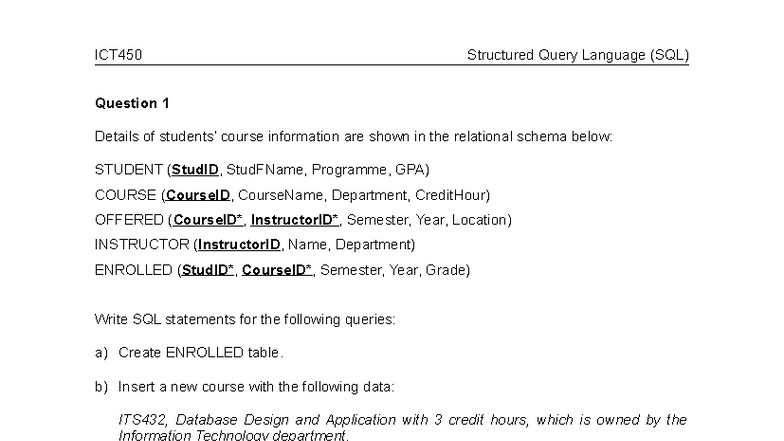 ICT450 SQL Practice Questions: Relational Schema Exercises - Studocu