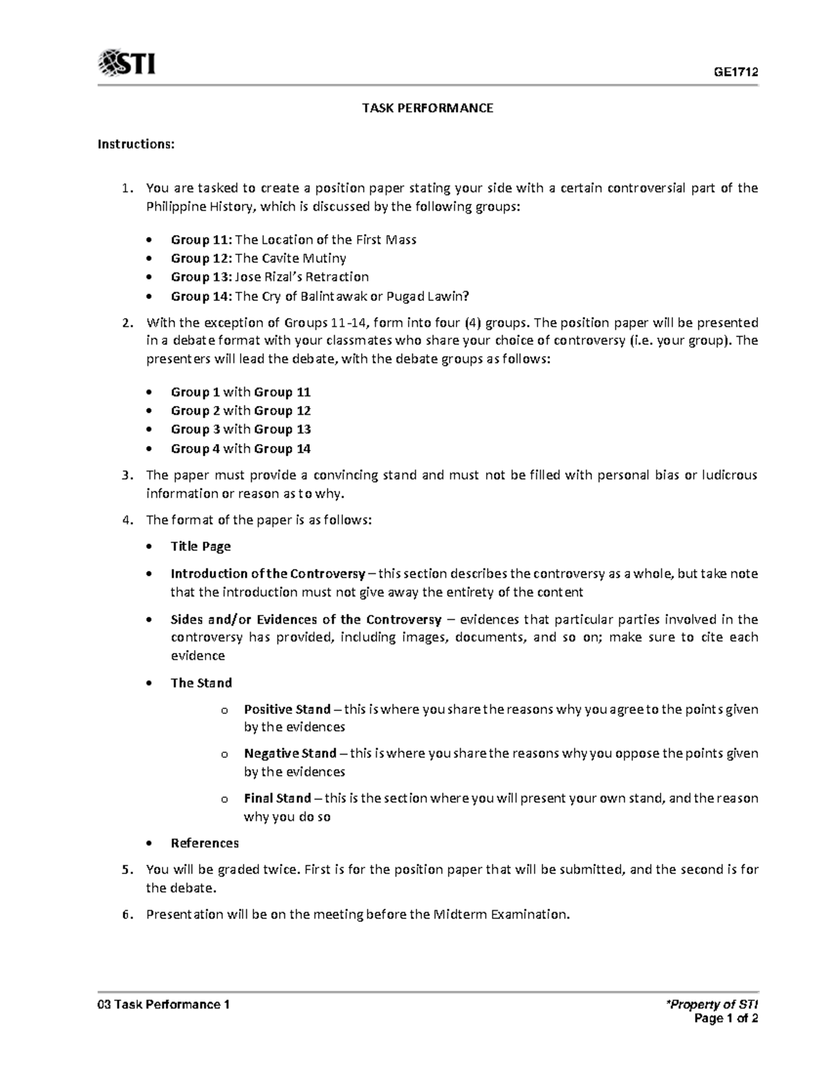 03 Task Performance 1 - GE 03 Task Performance 1 *Property of STI Page ...