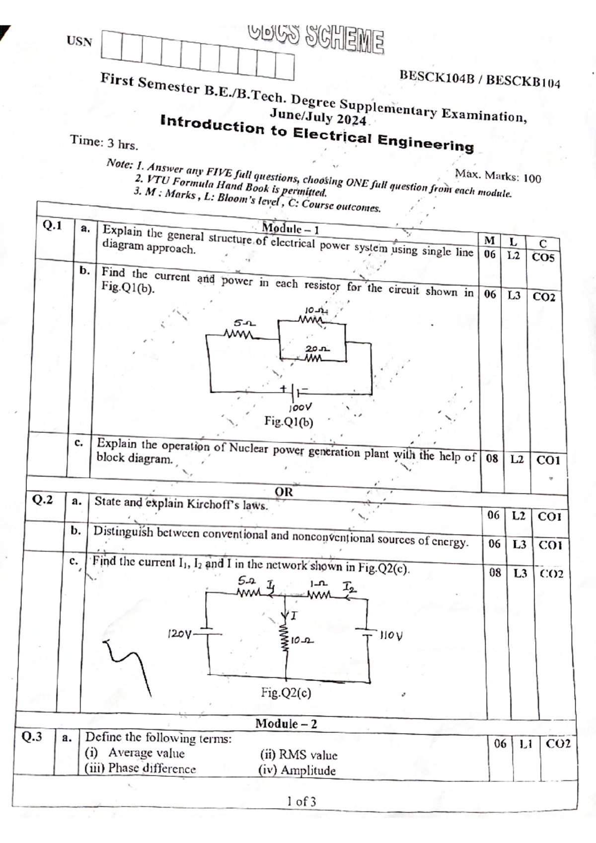 USN BESCK104B First Sem Electrical Engineering Supplementary Exam 2024 ...