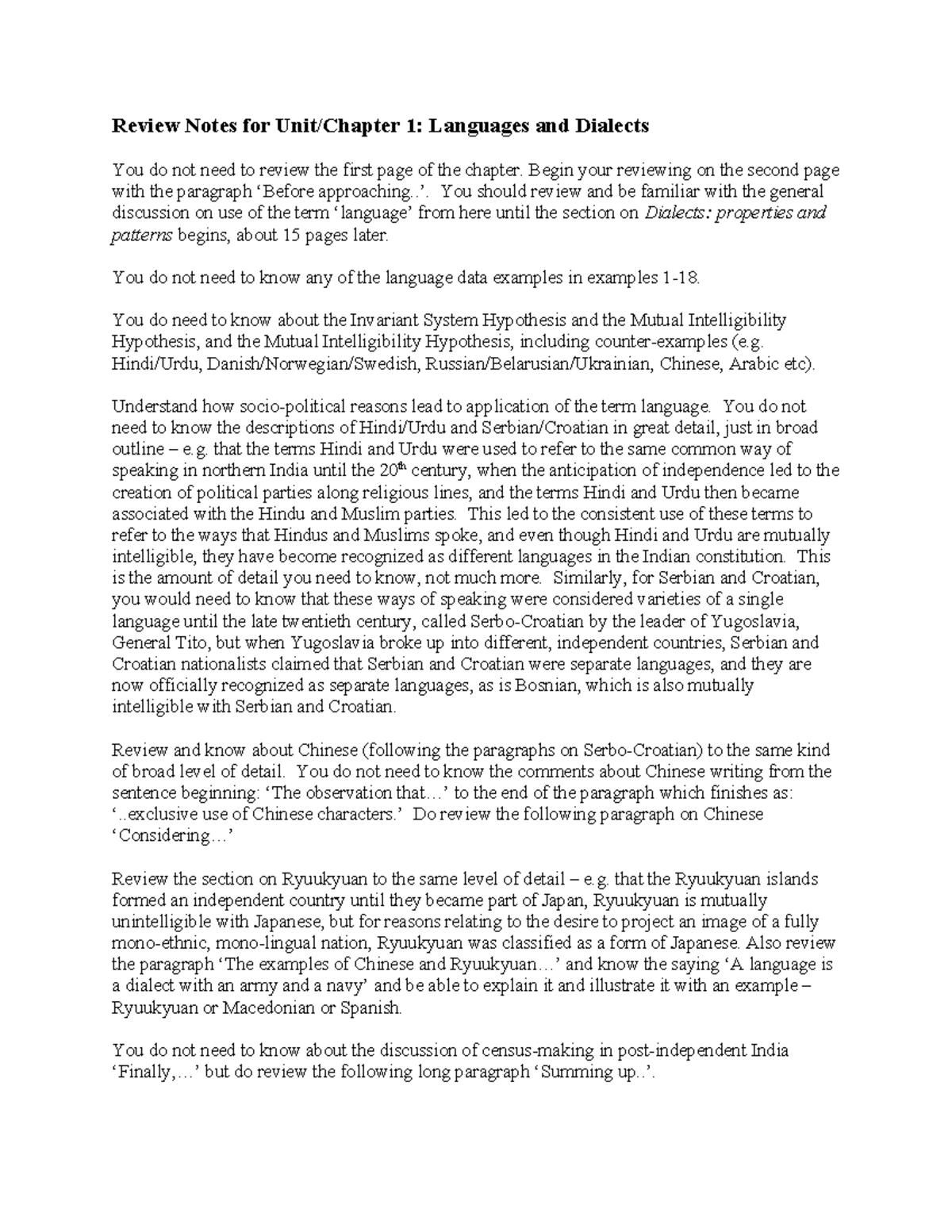 Review Notes for Unit 1: Languages and Dialects Overview - Studocu