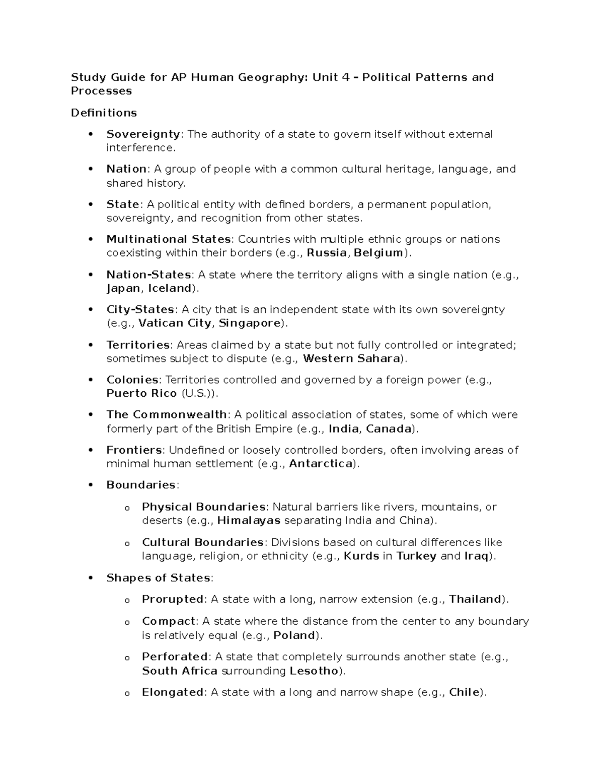 Study Guide for APHG: Unit 4 Political Patterns & Processes - Studocu