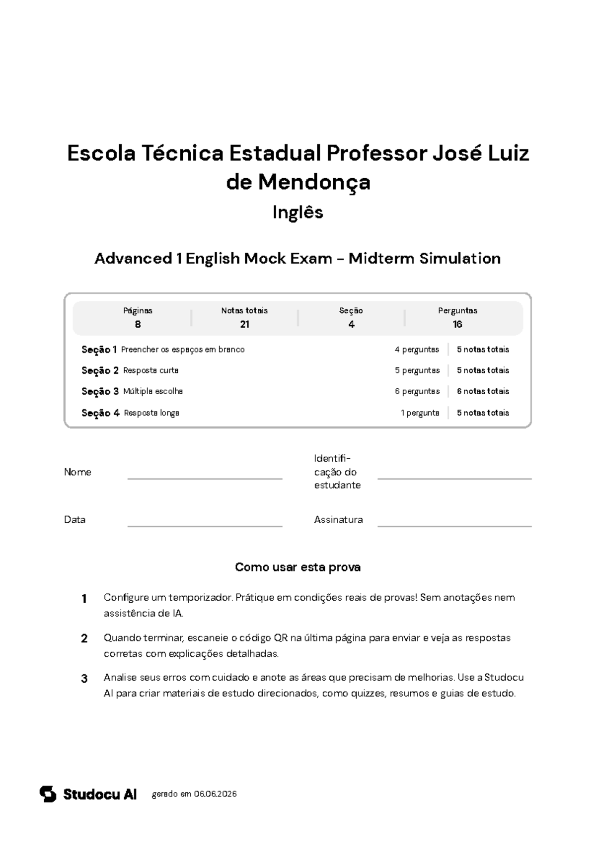 Advanced 1 English Mock Exam - Midterm Simulation - Studocu