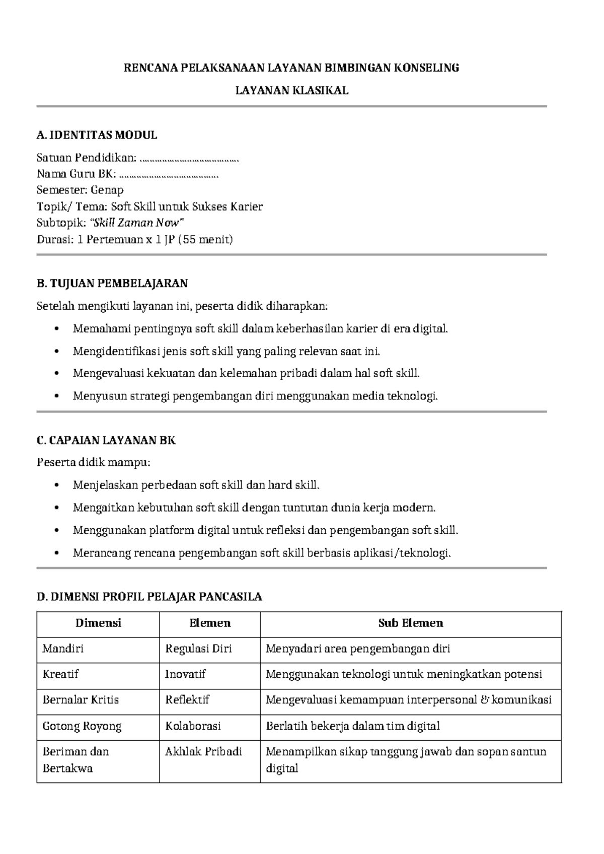 Rencana Pelaksanaan Layanan BK: Soft Skill untuk Sukses Karier - Studocu