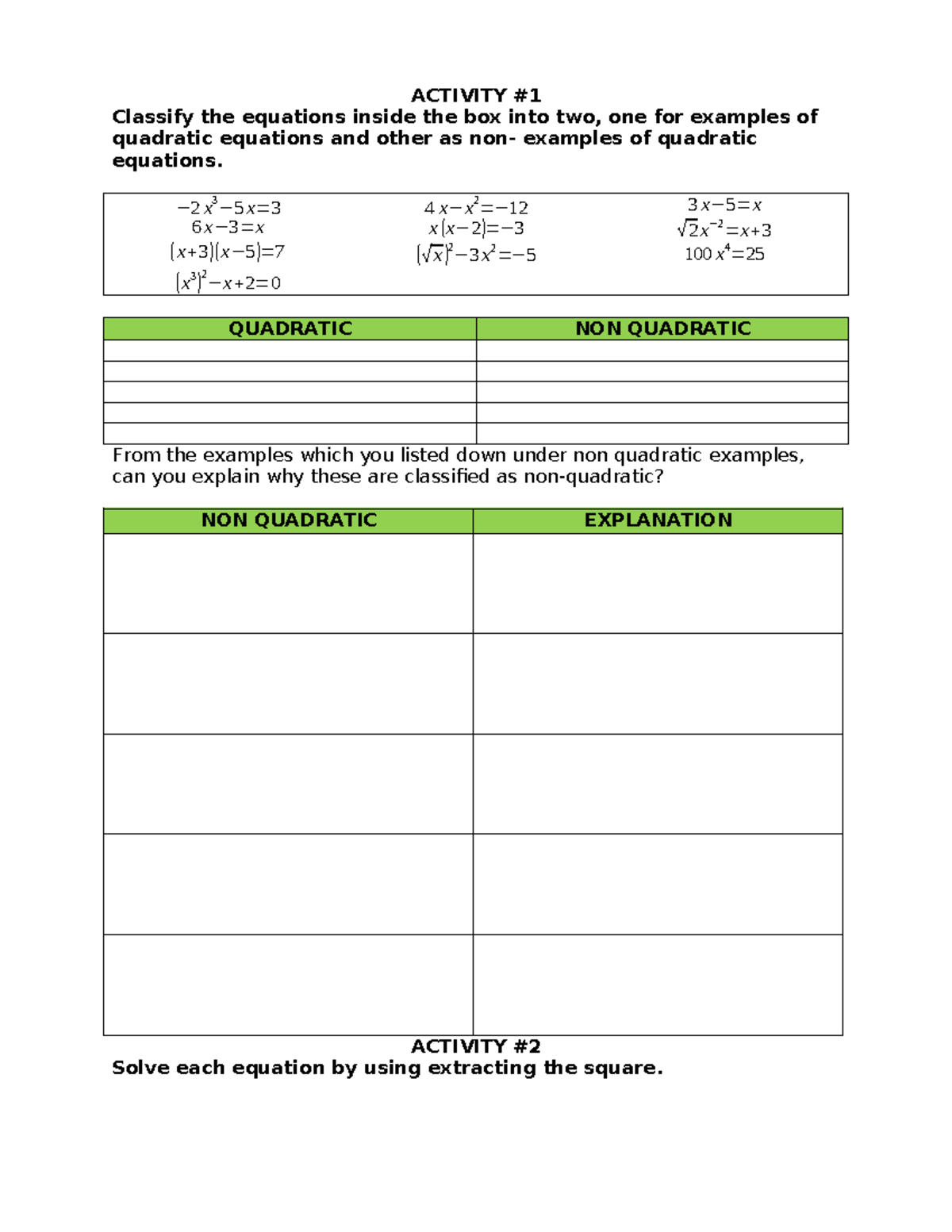 Math9 Activity: Quadratic vs Non-Quadratic Equations (Weeks 1-3) - Studocu