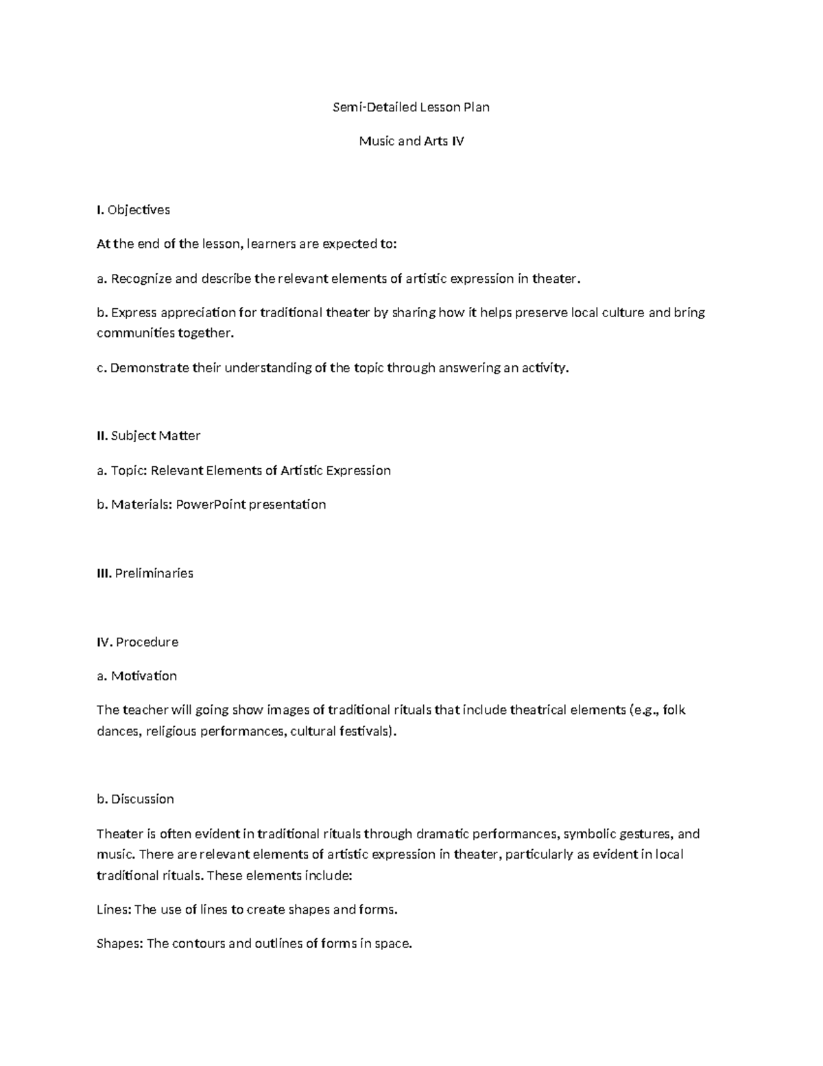 Music and Arts (week 4) - This detailed lesson plan covers the topic of ...