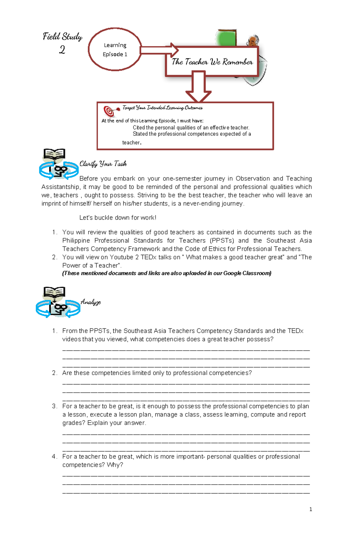 Field Study 2: Learning Episode 1 - Qualities of Memorable Teachers - Studocu