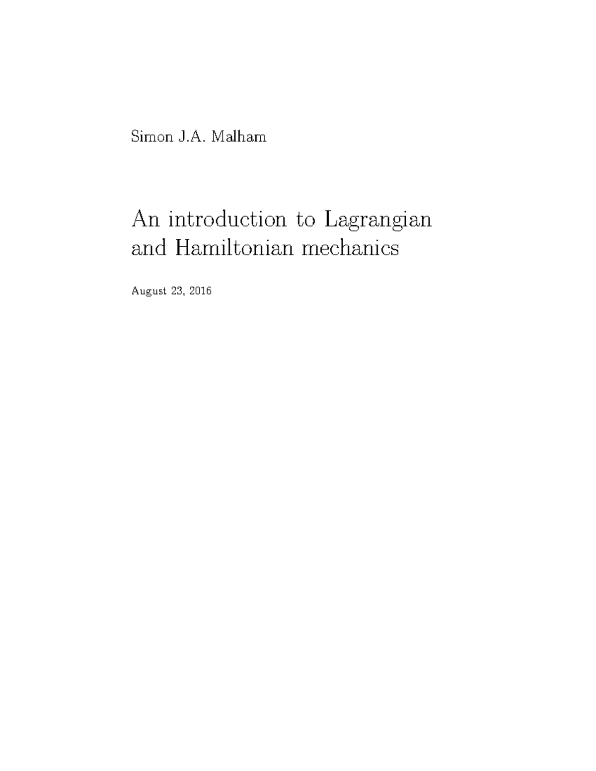Lagrangian and Hamiltonian Mechanics Introduction (MECH 101) - Studocu