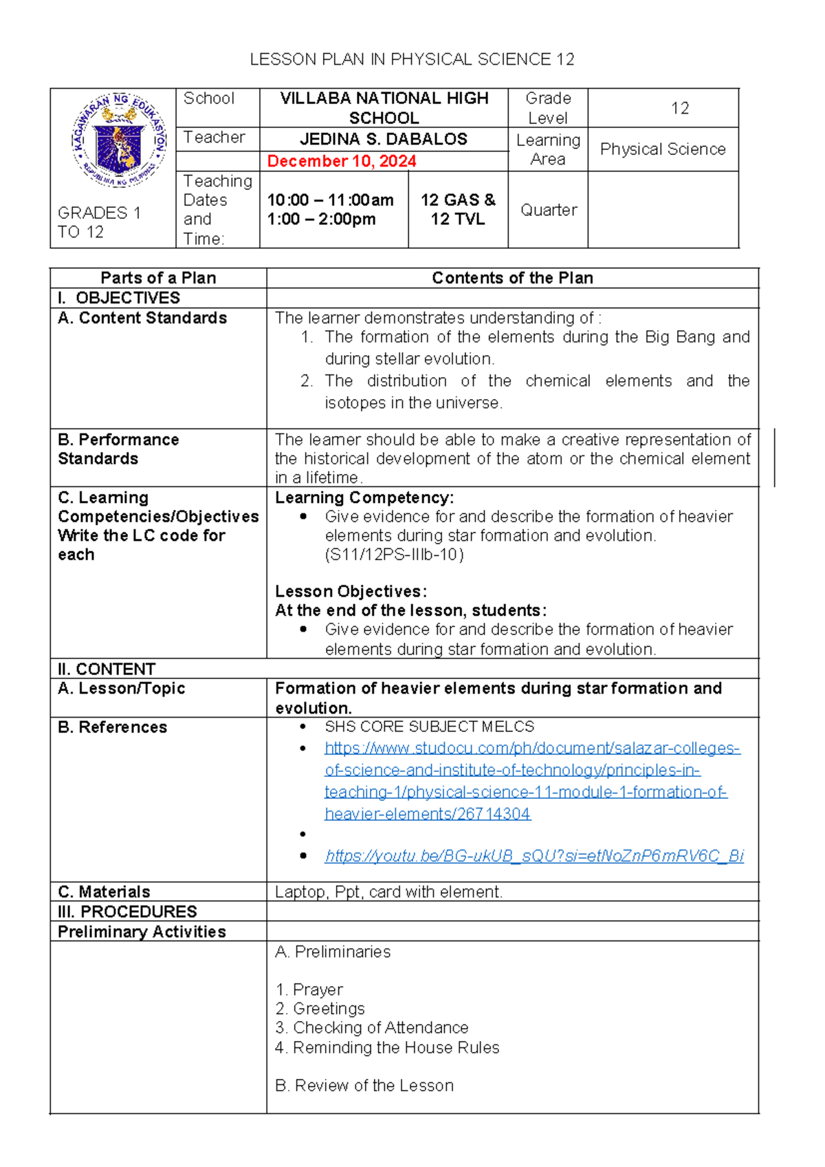 Physci D - lesson for grade 12 shs - LESSON PLAN IN PHYSICAL SCIENCE 12 ...