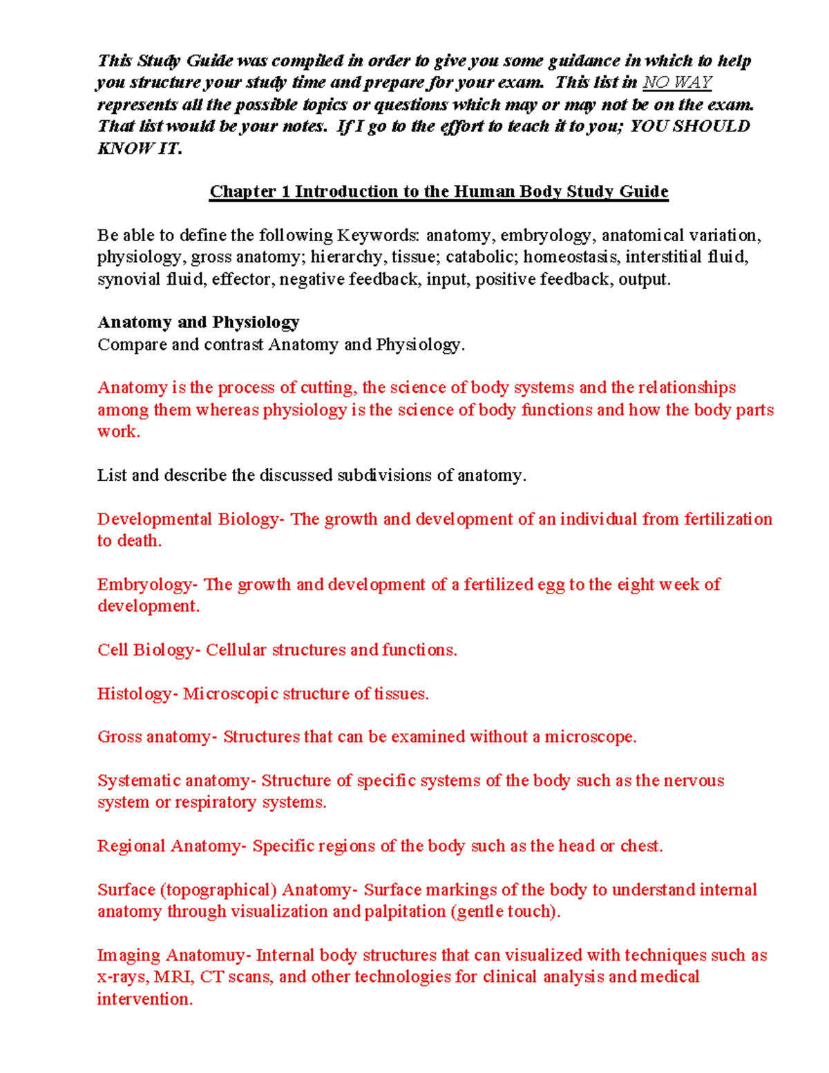 Study Guide: Human Body Anatomy & Physiology (Chapters 1-3) - Studocu