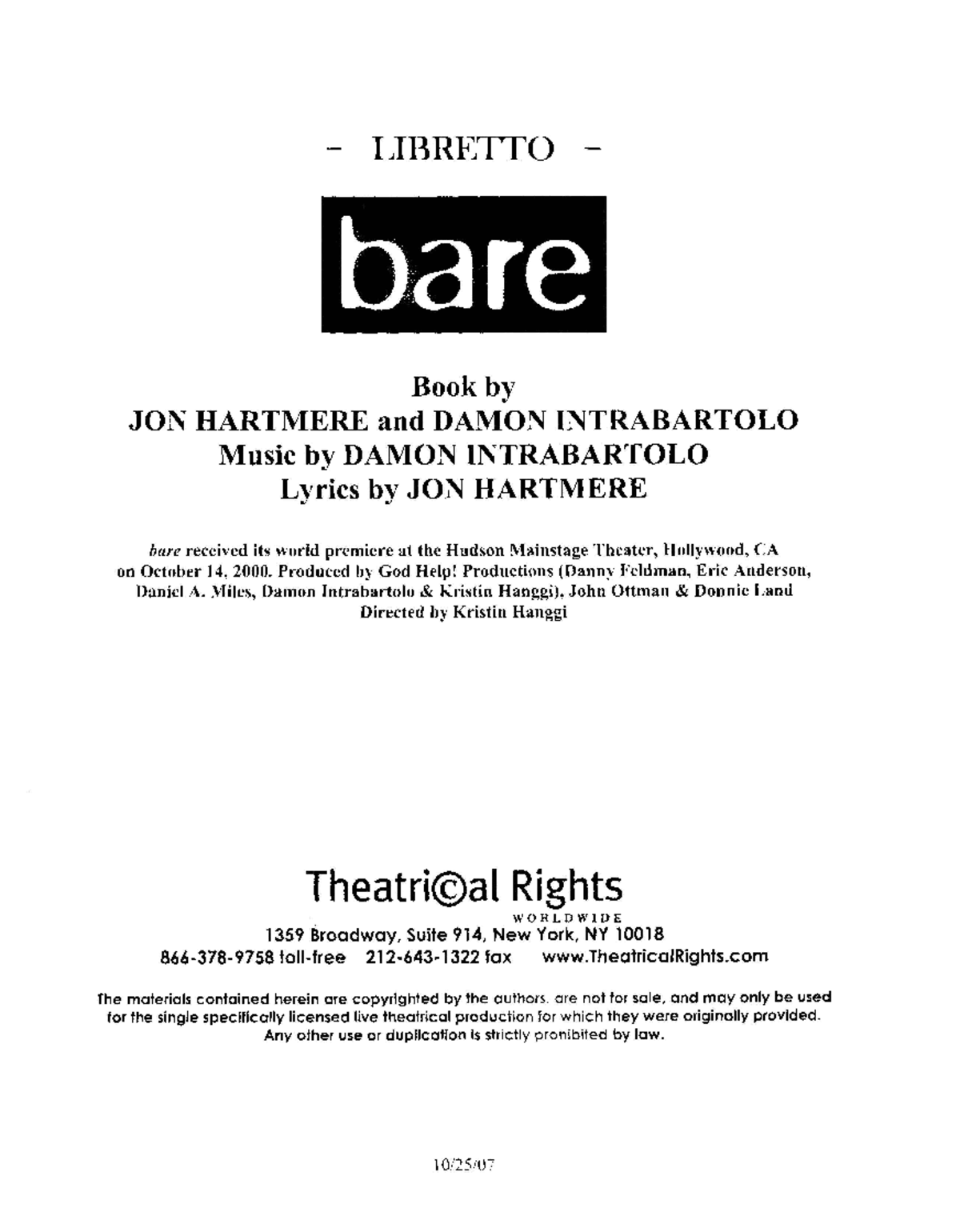 Bare: A Pop Opera Libretto - Score & Musical Numbers Summary - Studocu