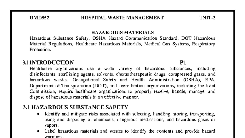 OMD552 HOSPITAL WASTE MANAGEMENT: Hazardous Materials Safety Guidelines ...