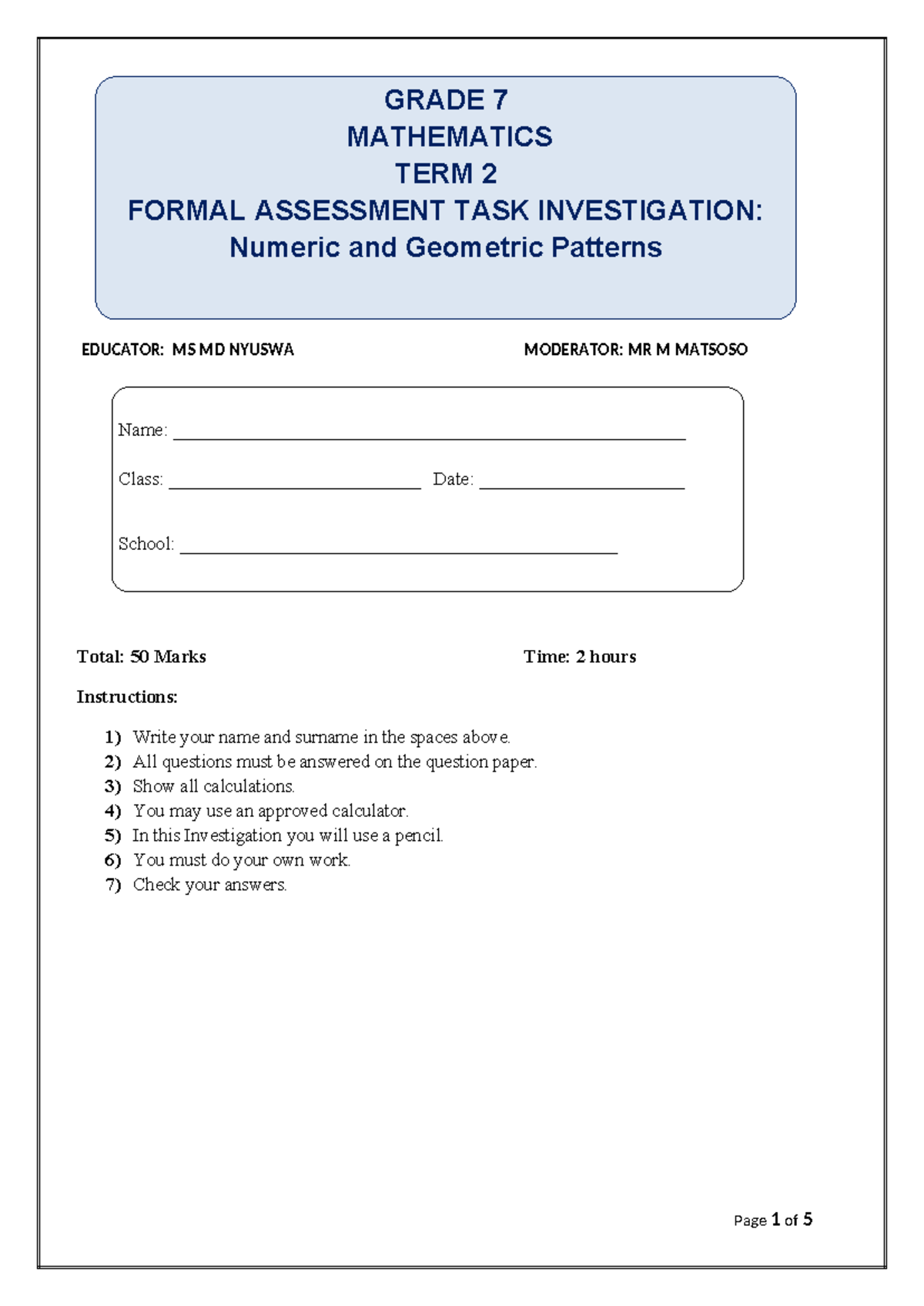 Grade 7 Mathematics Investigation: Numeric & Geometric Patterns 2024 ...