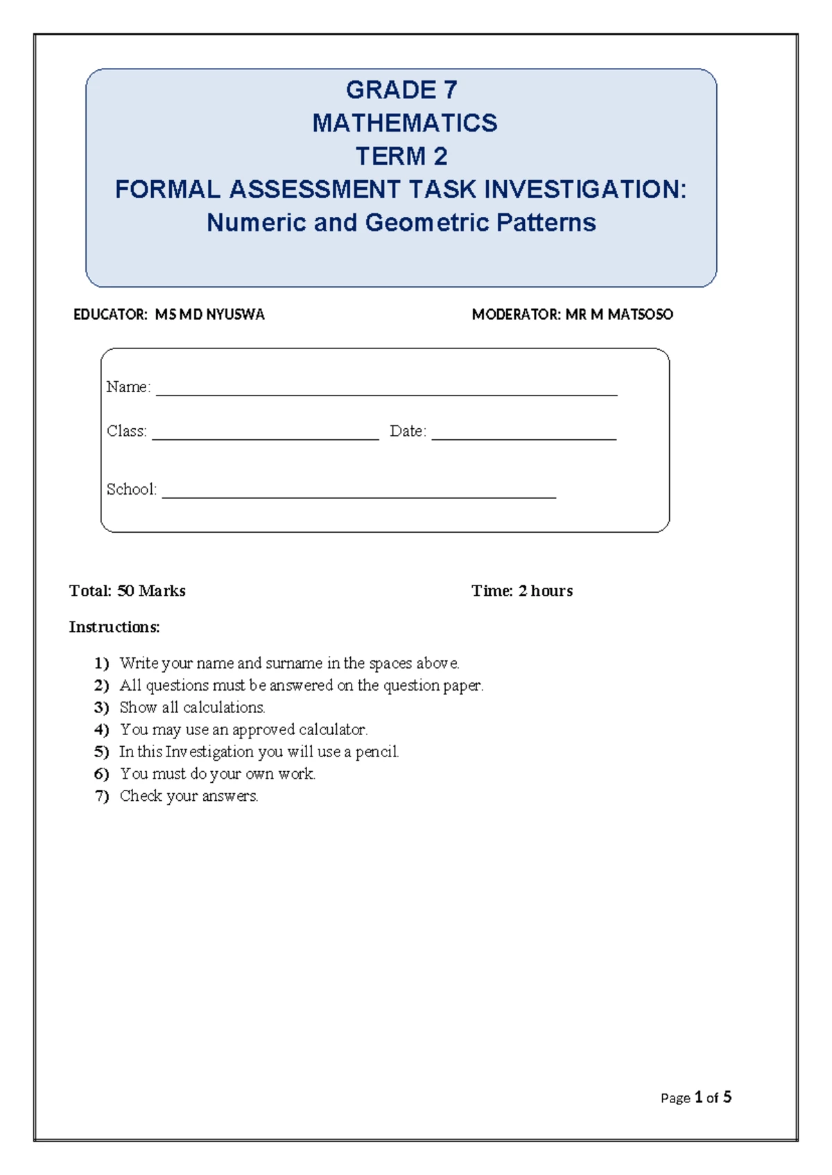 686193875 Grade 7 Mathematics TEST TERM 2 2022 - MATHEMATICS 2022 GRADE ...