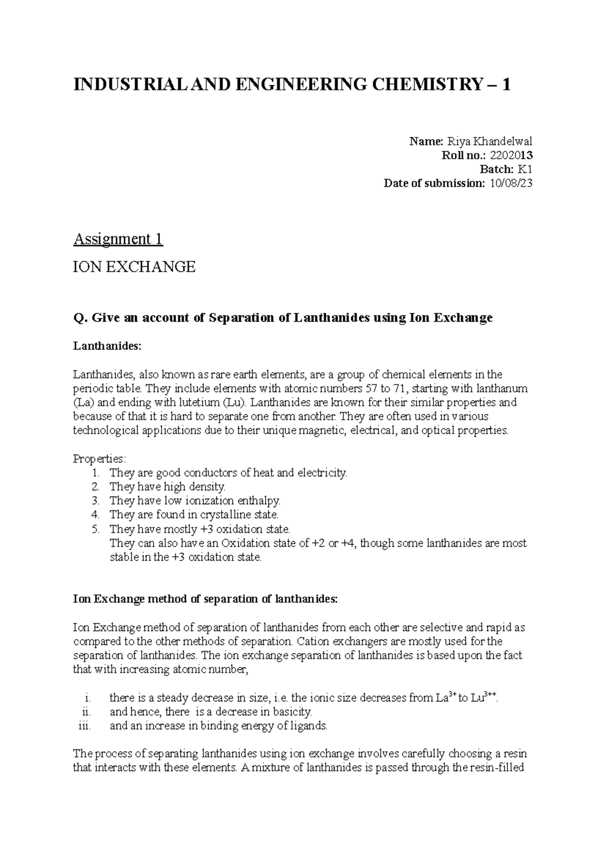 IEC 1 Assignment 1: Separation of Lanthanides via Ion Exchange - Studocu