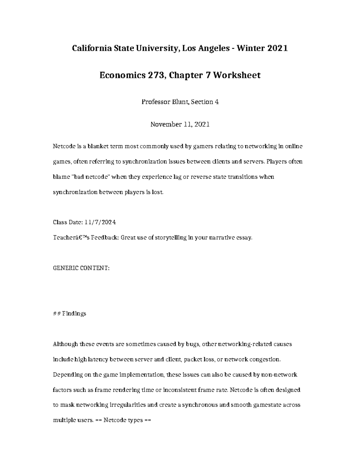 Economics 273 Chapter 7 Worksheet - California State University, Los ...
