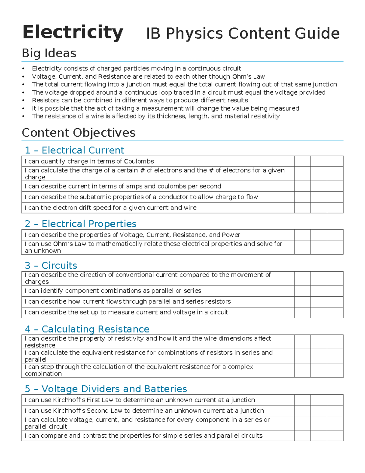 IB Physics Electricity Content Guide for Concepts & Calculations - Studocu