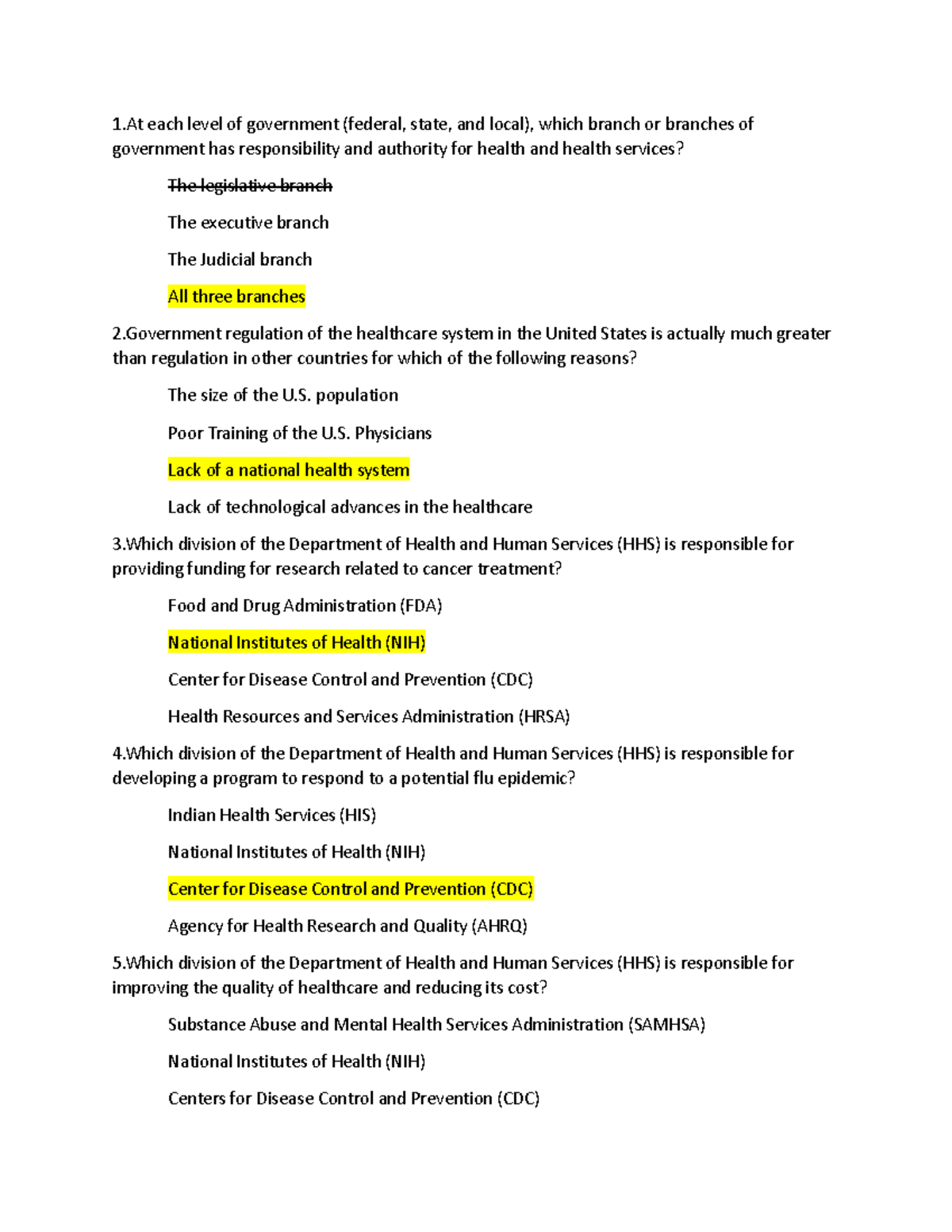 Chapter Five Quiz - Government and the Healthcare System - 1 each level ...